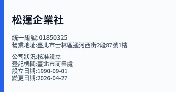 松運企業社的照片-統編 01850325(臺北市) 公司登記資料與營業項目詳細圖表