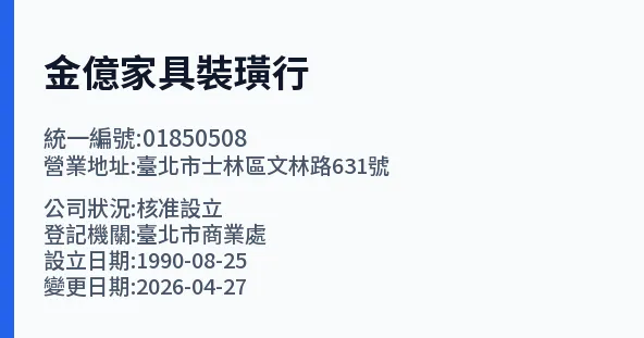金億家具裝璜行的照片-統編 01850508(臺北市) 公司登記資料與營業項目詳細圖表
