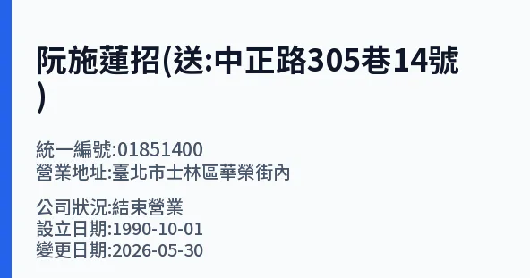 阮施蓮招(送:中正路305巷14號)的照片-統編 01851400(臺北市) 公司登記資料與營業項目詳細圖表