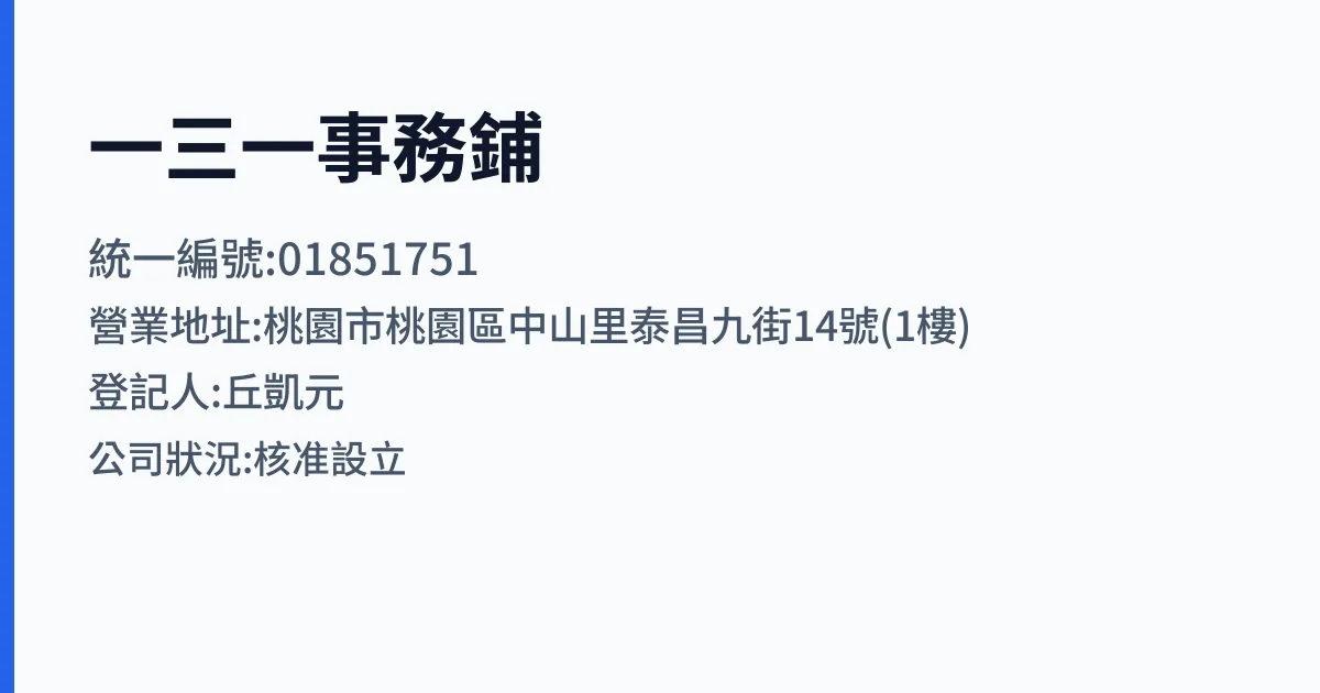 一三一事務鋪 - 統編 01851751(臺北市) 公司登記資料與營業項目詳細圖表