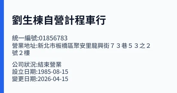 劉生棟自營計程車行的照片-統編 01856783(新北市) 公司登記資料與營業項目詳細圖表