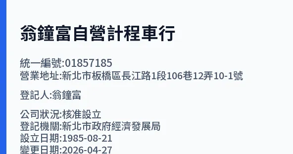 翁鐘富自營計程車行的照片-統編 01857185(新北市) 公司登記資料與營業項目詳細圖表