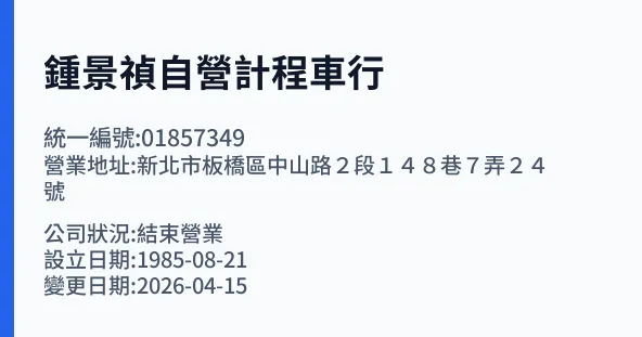 鍾景禎自營計程車行的照片-統編 01857349(新北市) 公司登記資料與營業項目詳細圖表