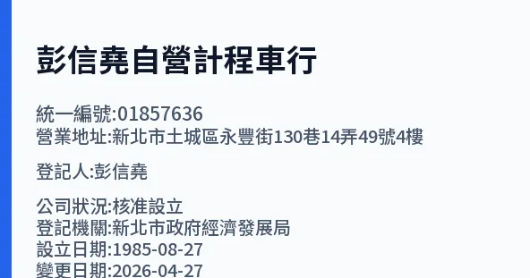 彭信堯自營計程車行的照片-統編 01857636(新北市) 公司登記資料與營業項目詳細圖表