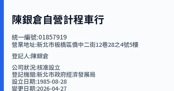 陳銀倉自營計程車行的照片-統編 01857919(新北市) 公司登記資料與營業項目詳細圖表