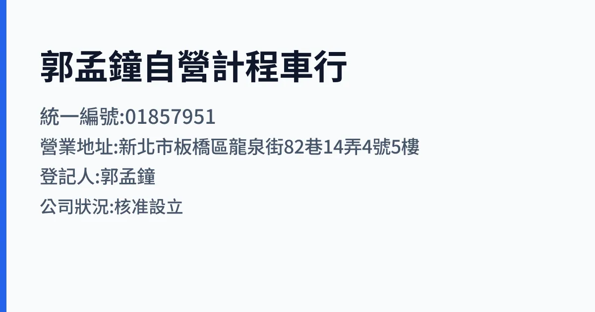 郭孟鐘自營計程車行 - 統編 01857951(新北市) 公司登記資料與營業項目詳細圖表