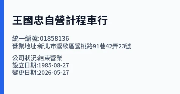 王國忠自營計程車行的照片-統編 01858136(新北市) 公司登記資料與營業項目詳細圖表