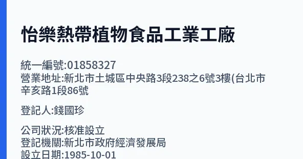 怡樂熱帶植物食品工業工廠的照片-統編 01858327(新北市) 公司登記資料與營業項目詳細圖表