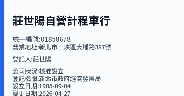 莊世陽自營計程車行的照片-統編 01858678(新北市) 公司登記資料與營業項目詳細圖表