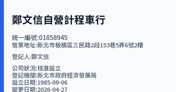 鄭文信自營計程車行的照片-統編 01858945(新北市) 公司登記資料與營業項目詳細圖表