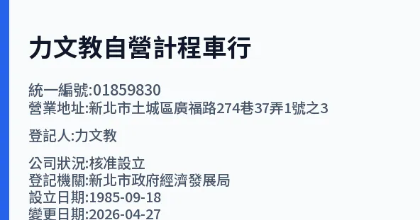力文教自營計程車行的照片-統編 01859830(新北市) 公司登記資料與營業項目詳細圖表