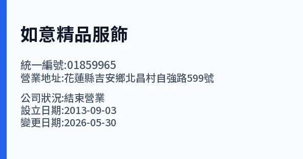 如意精品服飾的照片-統編 01859965(花蓮縣) 公司登記資料與營業項目詳細圖表
