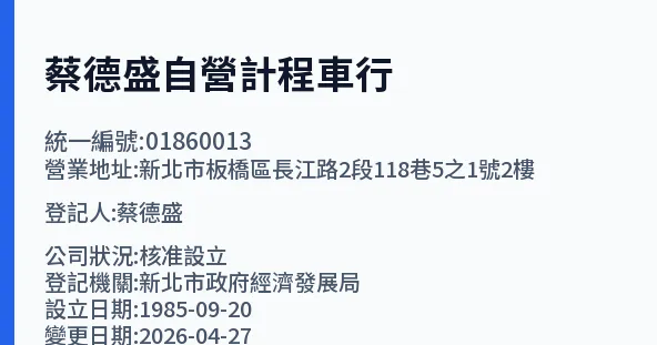 蔡德盛自營計程車行的照片-統編 01860013(新北市) 公司登記資料與營業項目詳細圖表