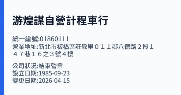 游煌謀自營計程車行的照片-統編 01860111(新北市) 公司登記資料與營業項目詳細圖表