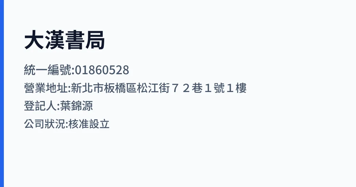 大漢書局 - 統編 01860528(新北市) 公司登記資料與營業項目詳細圖表