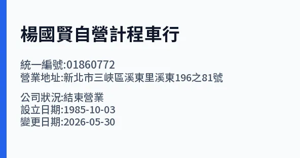 楊國賢自營計程車行的照片-統編 01860772(新北市) 公司登記資料與營業項目詳細圖表