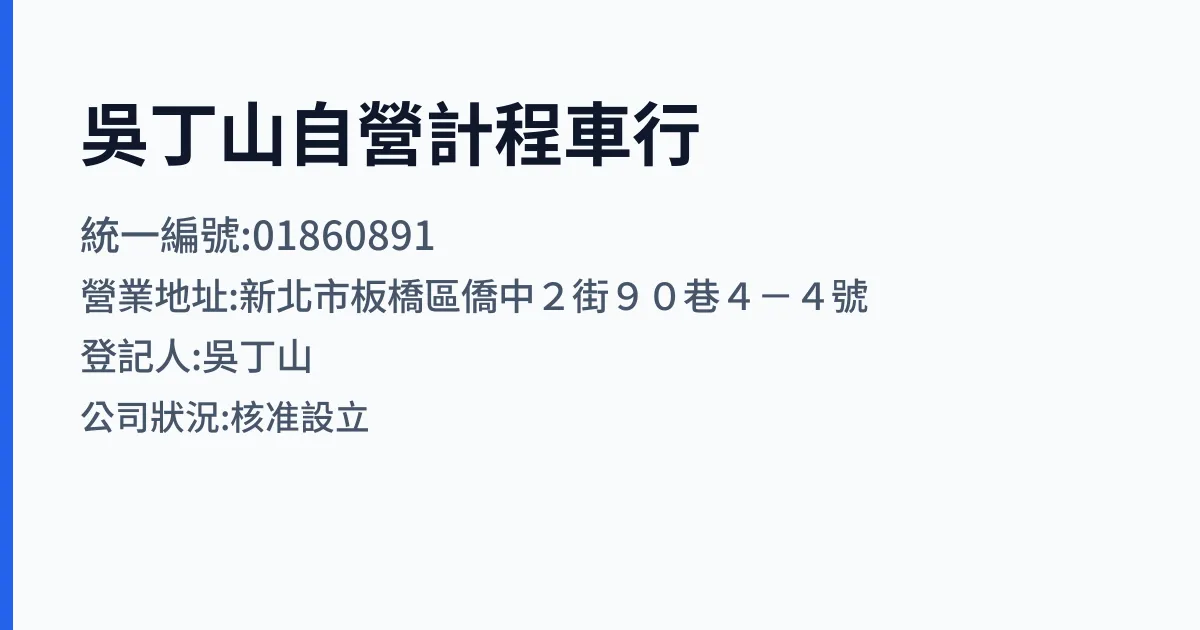 吳丁山自營計程車行 - 統編 01860891(新北市) 公司登記資料與營業項目詳細圖表