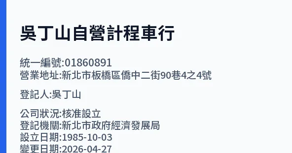 吳丁山自營計程車行的照片-統編 01860891(新北市) 公司登記資料與營業項目詳細圖表