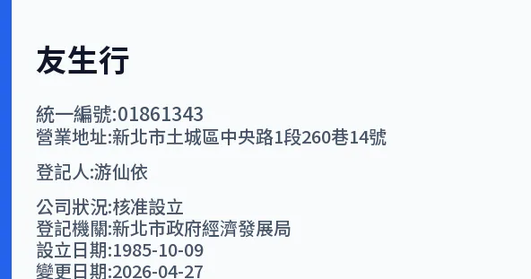 友生行的照片-統編 01861343(新北市) 公司登記資料與營業項目詳細圖表