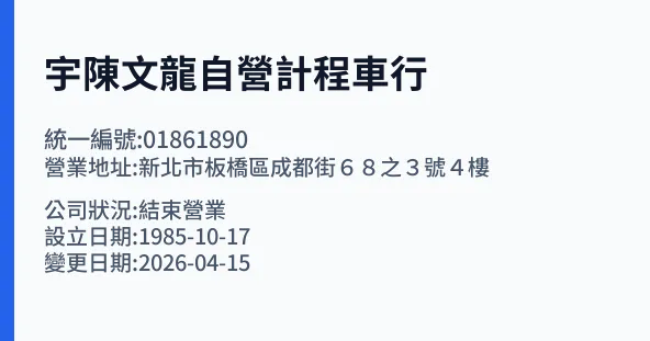 宇陳文龍自營計程車行的照片-統編 01861890(新北市) 公司登記資料與營業項目詳細圖表