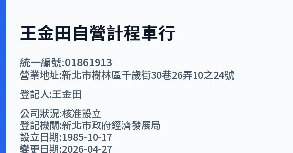 王金田自營計程車行的照片-統編 01861913(新北市) 公司登記資料與營業項目詳細圖表