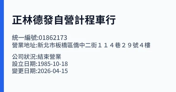 正林德發自營計程車行的照片-統編 01862173(新北市) 公司登記資料與營業項目詳細圖表