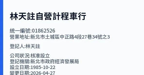 林天註自營計程車行的照片-統編 01862526(新北市) 公司登記資料與營業項目詳細圖表