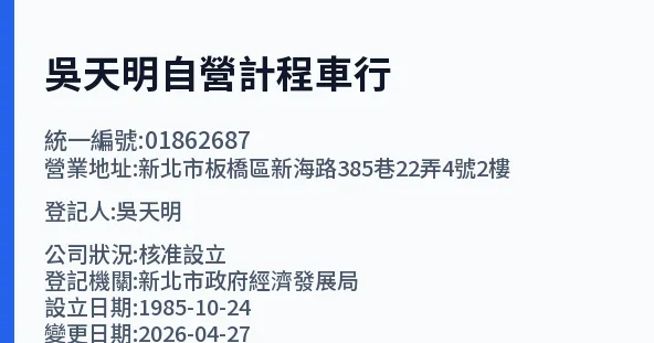 吳天明自營計程車行的照片-統編 01862687(新北市) 公司登記資料與營業項目詳細圖表