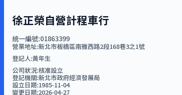 徐正榮自營計程車行的照片-統編 01863399(新北市) 公司登記資料與營業項目詳細圖表