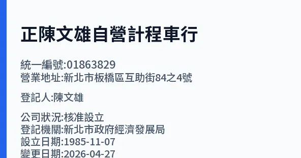 正陳文雄自營計程車行的照片-統編 01863829(新北市) 公司登記資料與營業項目詳細圖表