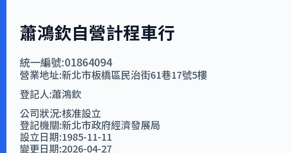 蕭鴻欽自營計程車行的照片-統編 01864094(新北市) 公司登記資料與營業項目詳細圖表