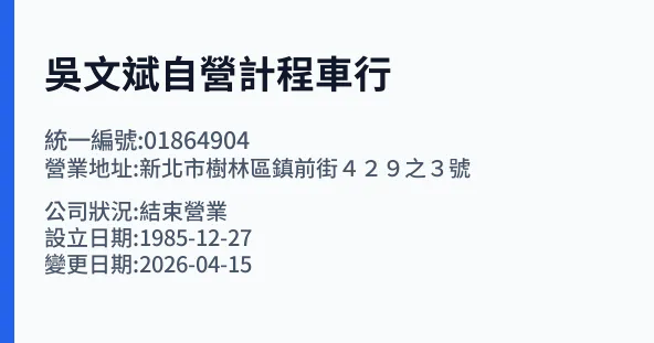 吳文斌自營計程車行的照片-統編 01864904(新北市) 公司登記資料與營業項目詳細圖表