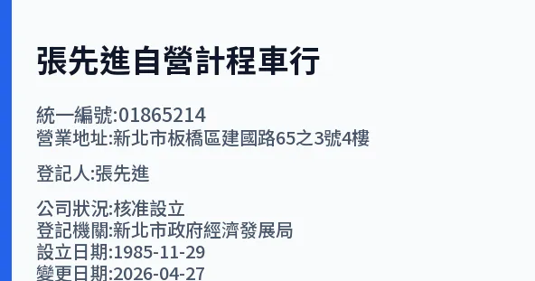 張先進自營計程車行的照片-統編 01865214(新北市) 公司登記資料與營業項目詳細圖表