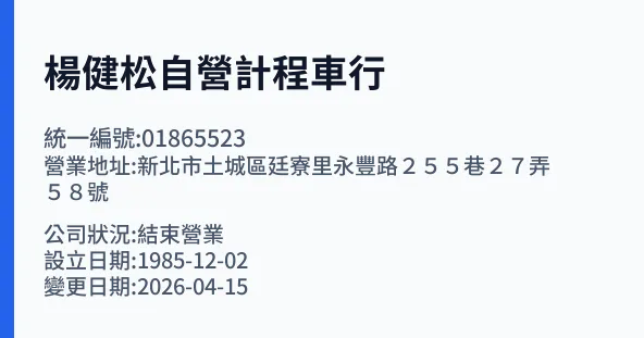 楊健松自營計程車行的照片-統編 01865523(新北市) 公司登記資料與營業項目詳細圖表