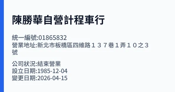 陳勝華自營計程車行的照片-統編 01865832(新北市) 公司登記資料與營業項目詳細圖表