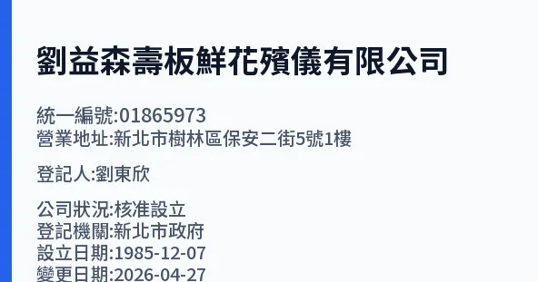 劉益森壽板鮮花殯儀有限公司的照片-統編 01865973(新北市) 公司登記資料與營業項目詳細圖表