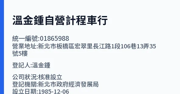 溫金鍾自營計程車行的照片-統編 01865988(新北市) 公司登記資料與營業項目詳細圖表