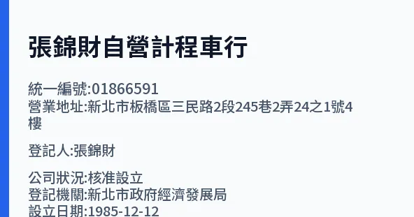 張錦財自營計程車行的照片-統編 01866591(新北市) 公司登記資料與營業項目詳細圖表