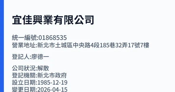 宜佳興業有限公司的照片-統編 01868535(新北市) 公司登記資料與營業項目詳細圖表