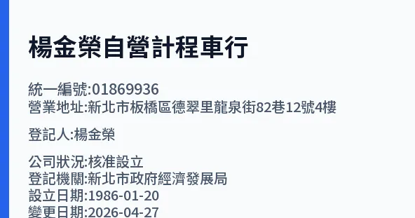 楊金榮自營計程車行的照片-統編 01869936(新北市) 公司登記資料與營業項目詳細圖表
