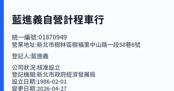 藍進義自營計程車行的照片-統編 01870949(新北市) 公司登記資料與營業項目詳細圖表