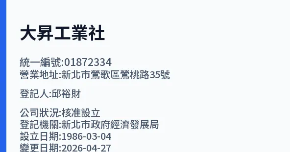 大昇工業社的照片-統編 01872334(新北市) 公司登記資料與營業項目詳細圖表