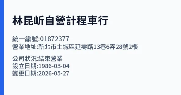 林昆岓自營計程車行的照片-統編 01872377(新北市) 公司登記資料與營業項目詳細圖表