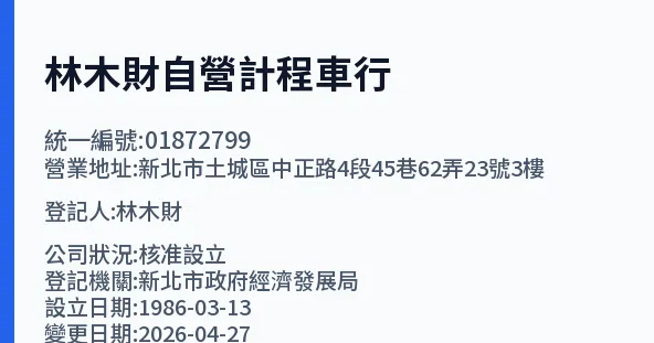 林木財自營計程車行的照片-統編 01872799(新北市) 公司登記資料與營業項目詳細圖表