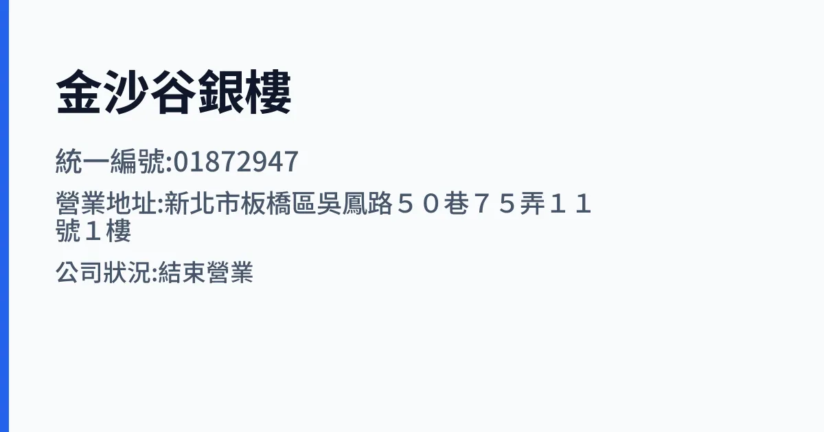 金沙谷銀樓 - 統編 01872947(新北市) 公司登記資料與營業項目詳細圖表