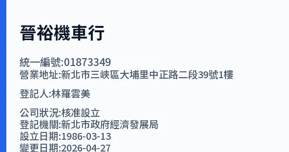 晉裕機車行的照片-統編 01873349(新北市) 公司登記資料與營業項目詳細圖表