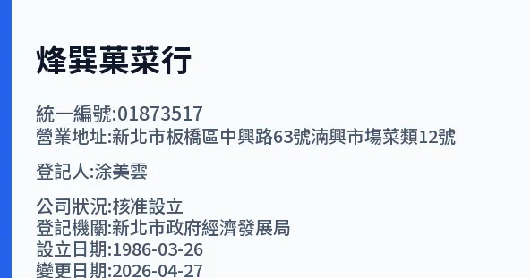 烽巽菓菜行的照片-統編 01873517(新北市) 公司登記資料與營業項目詳細圖表