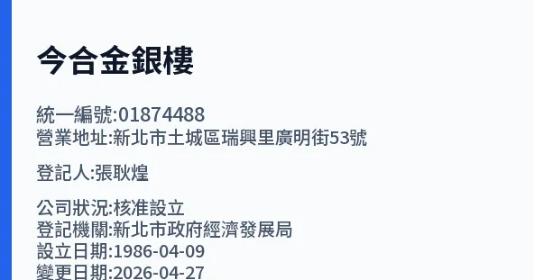 今合金銀樓的照片-統編 01874488(新北市) 公司登記資料與營業項目詳細圖表