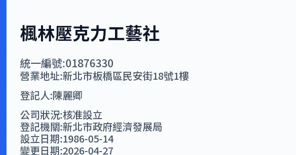 楓林壓克力工藝社的照片-統編 01876330(新北市) 公司登記資料與營業項目詳細圖表