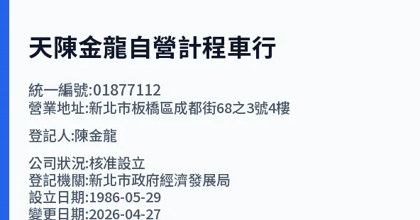 天陳金龍自營計程車行的照片-統編 01877112(新北市) 公司登記資料與營業項目詳細圖表